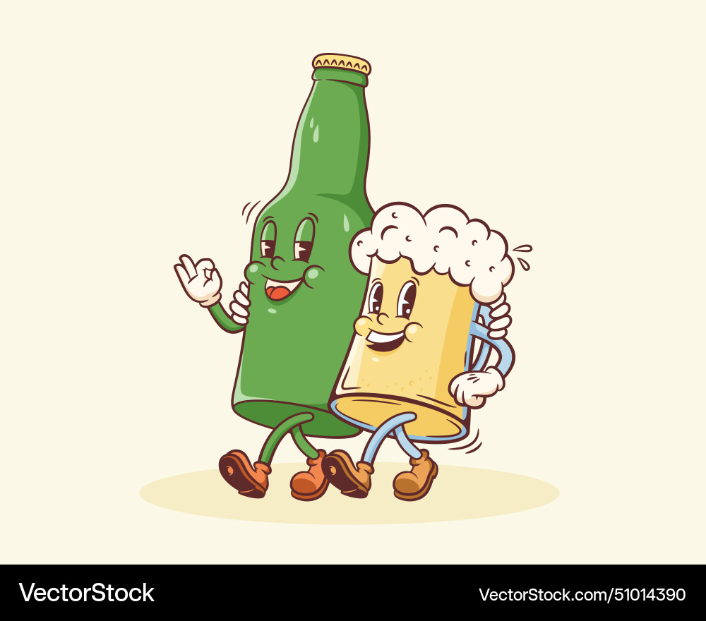 Groovy beer mug and can retro character Royalty Free Vector