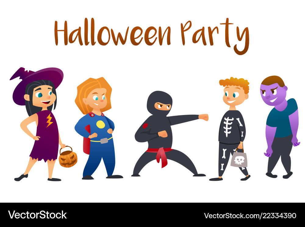 Halloween kids costume party group Royalty Free Vector Image
