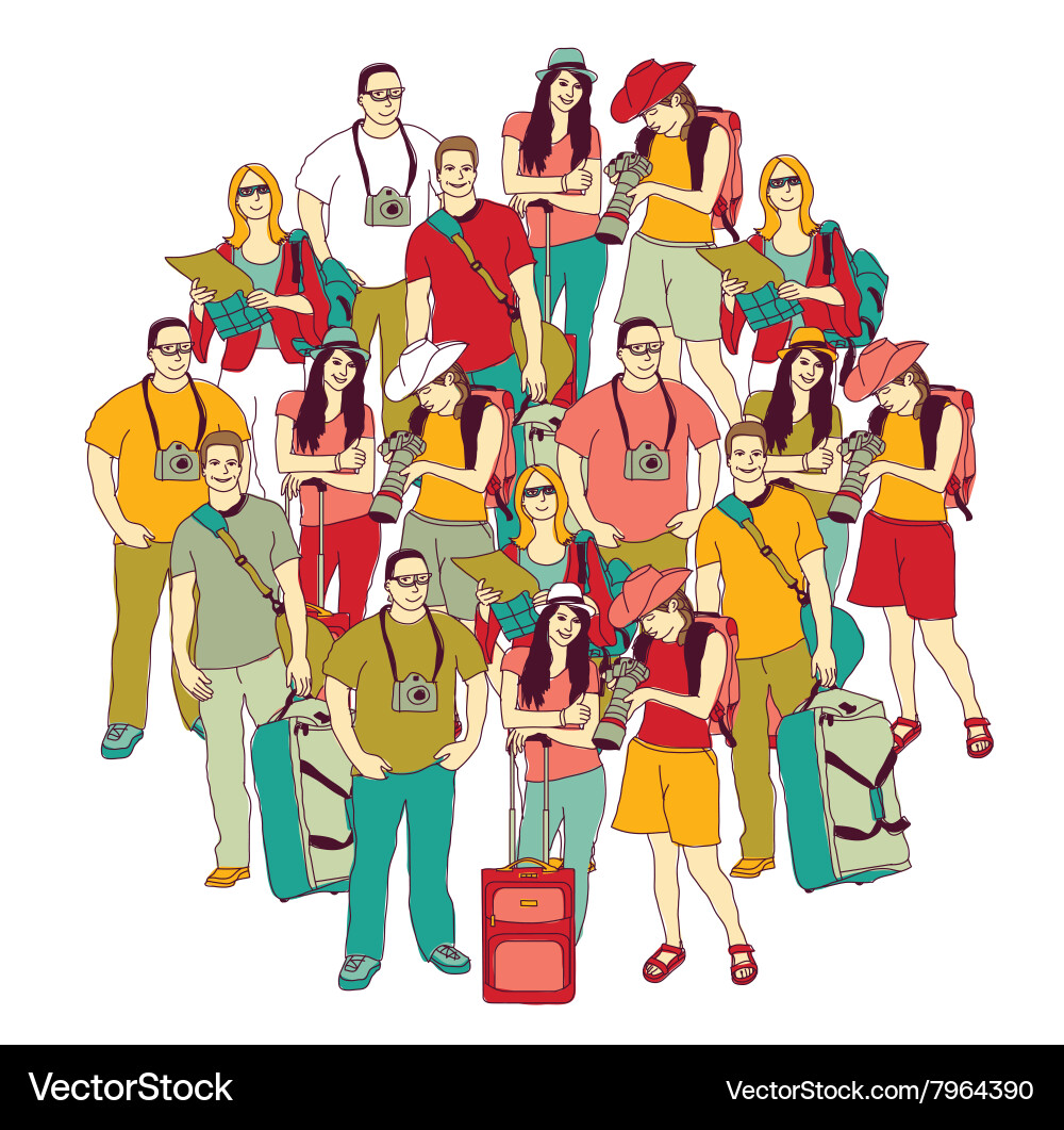 Tourism travel group people color isolate white Vector Image
