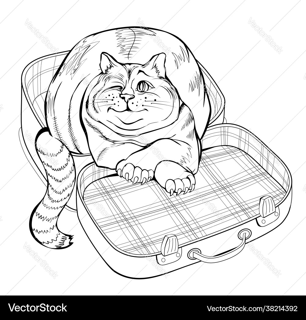 Cute Cat in Suitcase - Coloring Page Royalty Free Vector