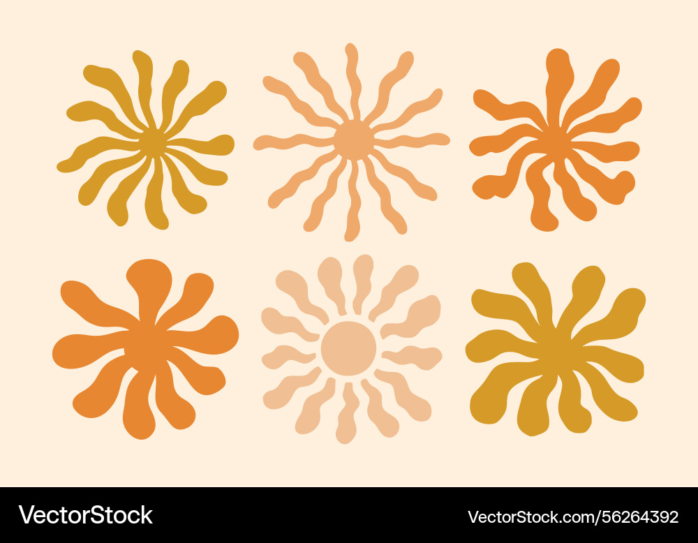 Retro groovy sun naive icon set abstract wavy ray Vector Image