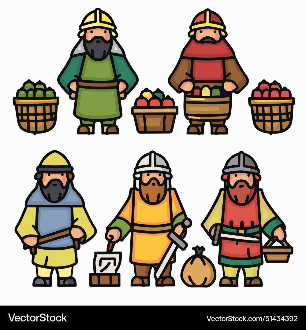 Six cartoon medieval merchants displaying various Vector Image