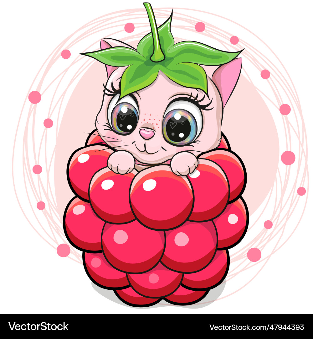 Cartoon kitten is sitting inside a raspberry Vector Image