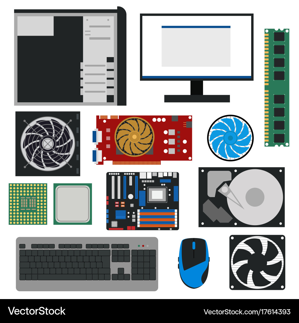 Cartoon pc components for computer store set Vector Image