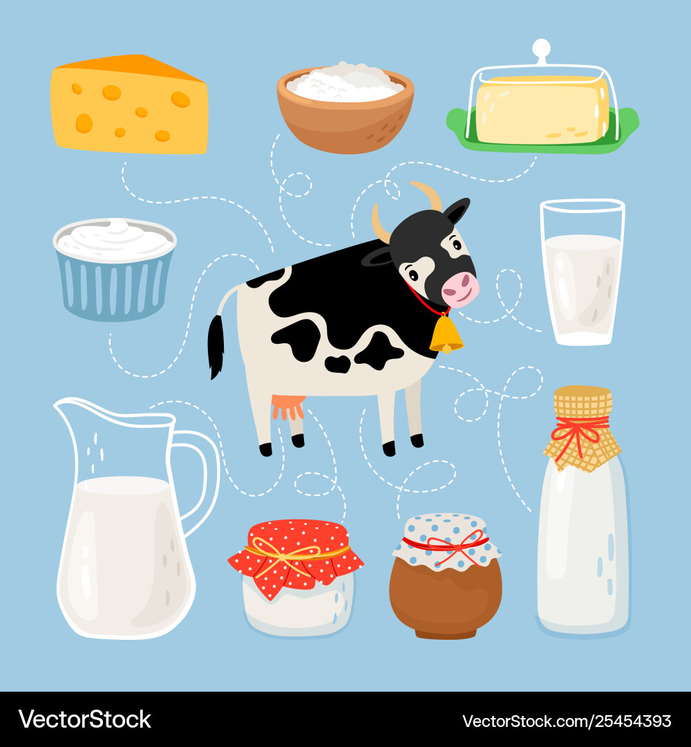 Cow and dairy products Royalty Free Vector Image