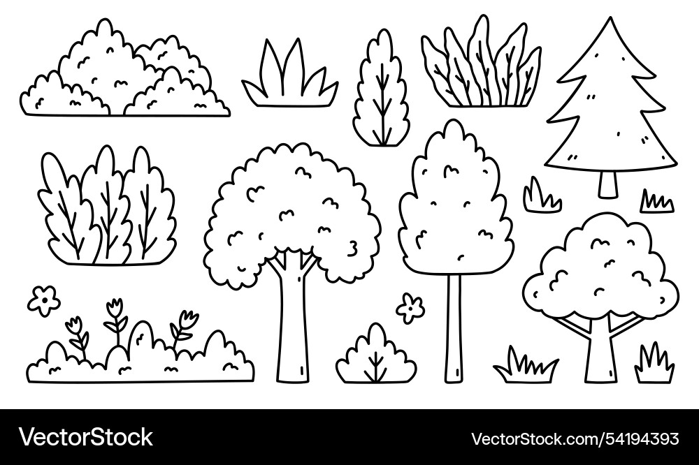 Doodle Tree & Bush Collection Royalty Free Vector Image