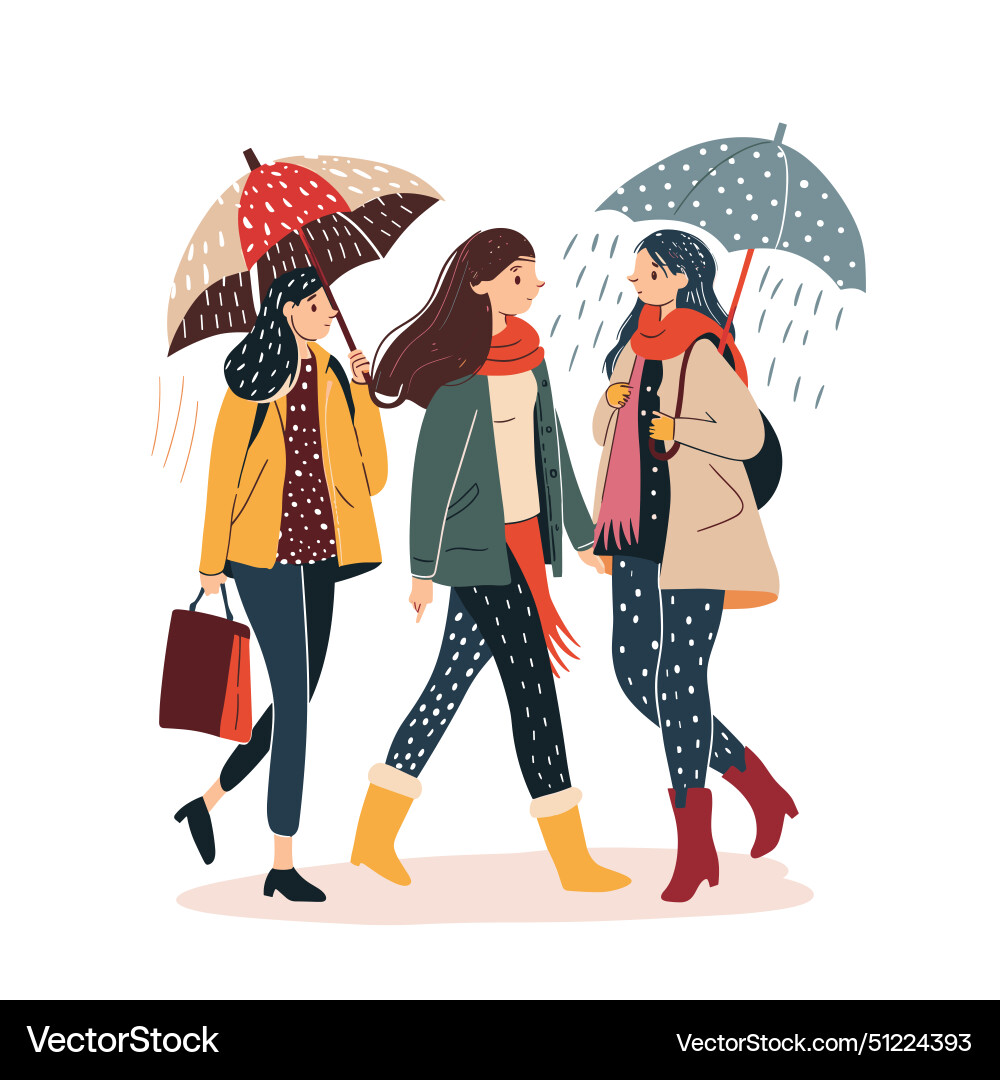 Three women walk together during rainfall two Vector Image