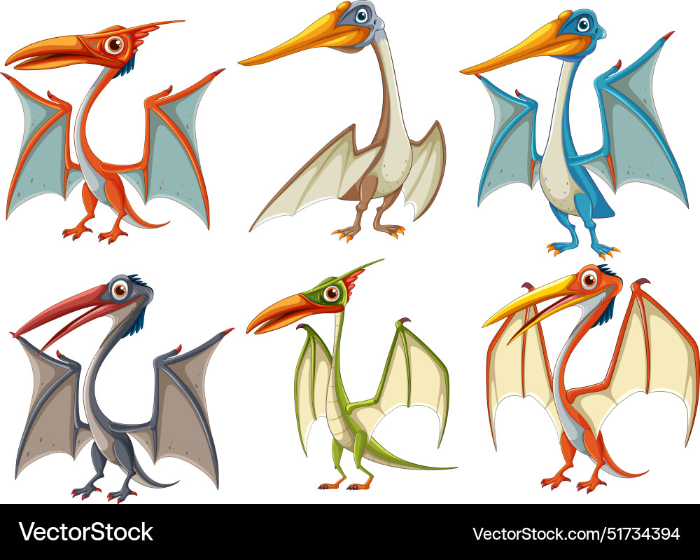 Six vibrant pterodactyl in various poses Vector Image