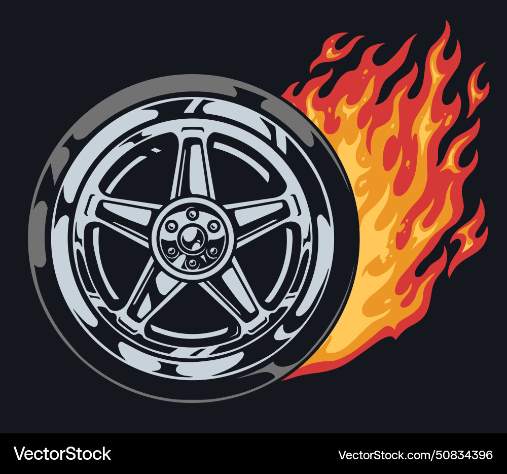 Burning car wheel colorful sticker Royalty Free Vector Image