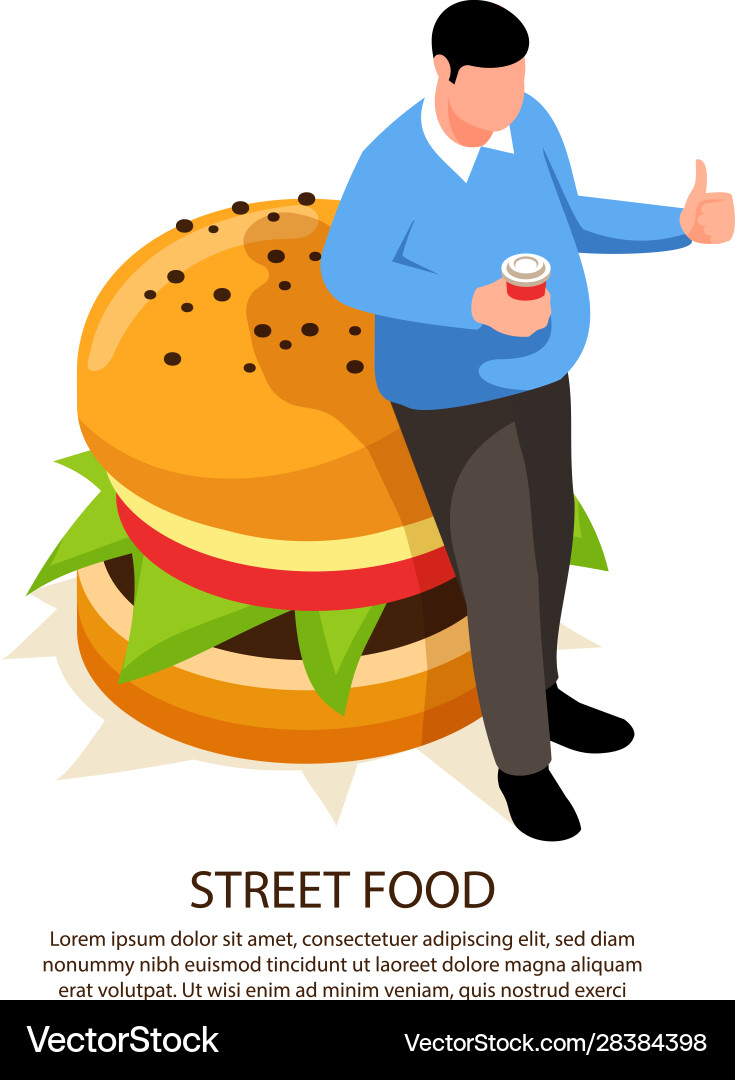 Burger man isometric background Royalty Free Vector Image