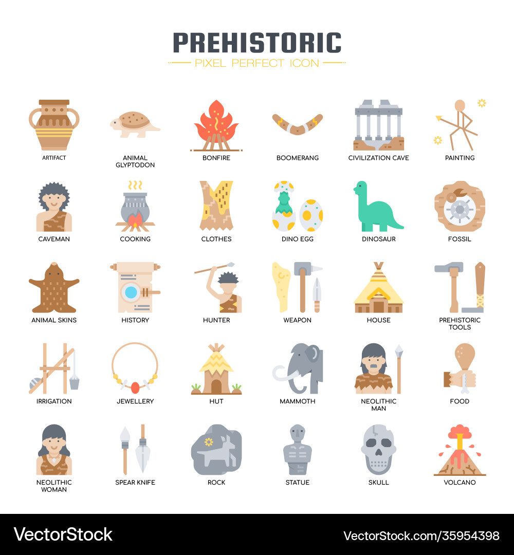 Prehistoric elements thin line and pixel perfect Vector Image