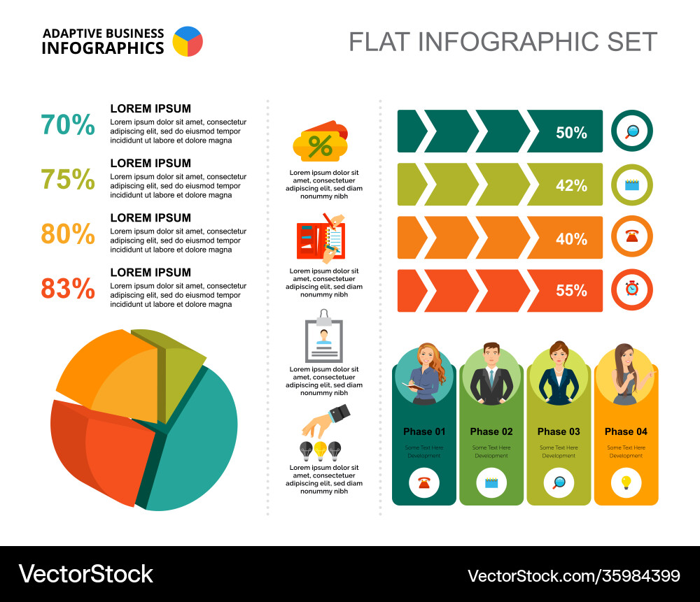 Four phases pie and percentage charts template Vector Image