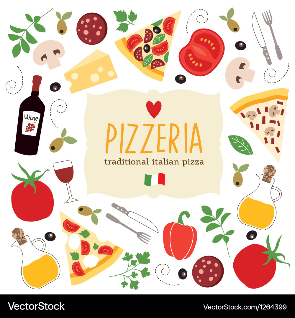 Pizza lettering with cartoon ingredients Vector Image