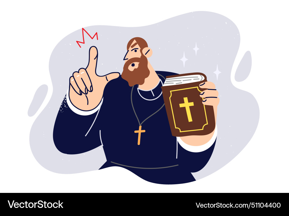 Angry priest stands with bible in hands Royalty Free Vector