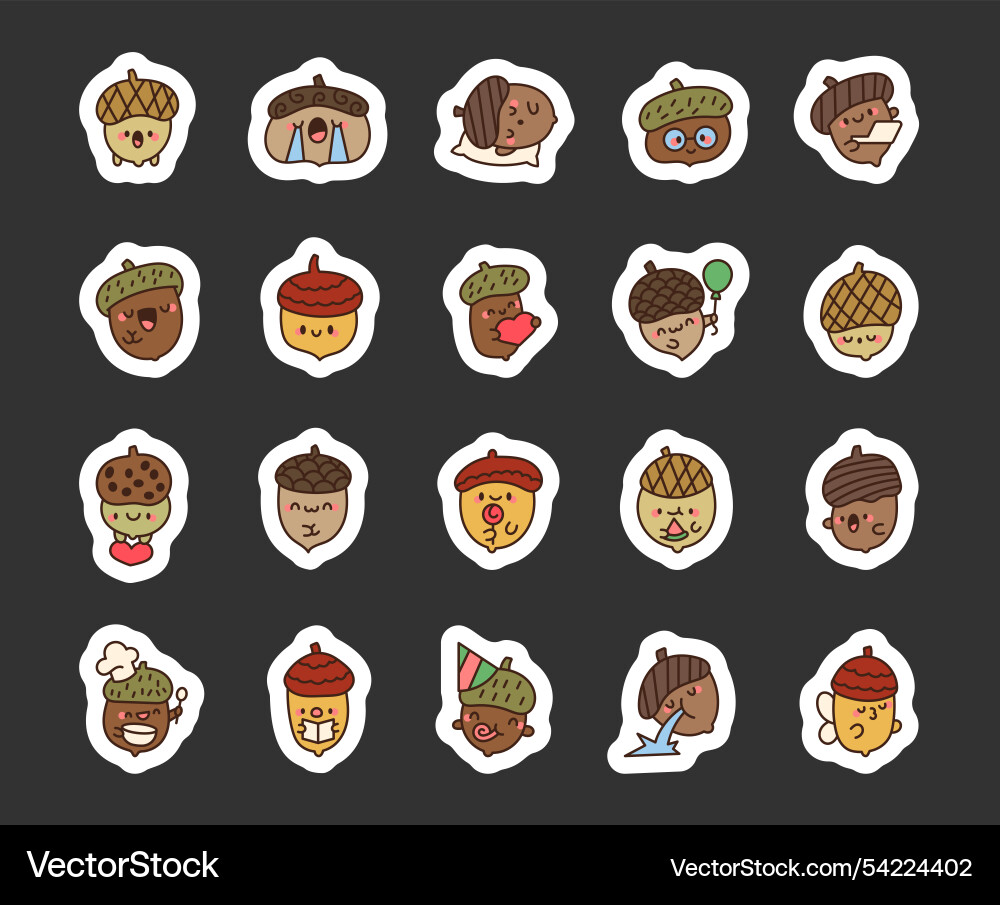 Acorn kawaii cartoon character bundle with cute Vector Image