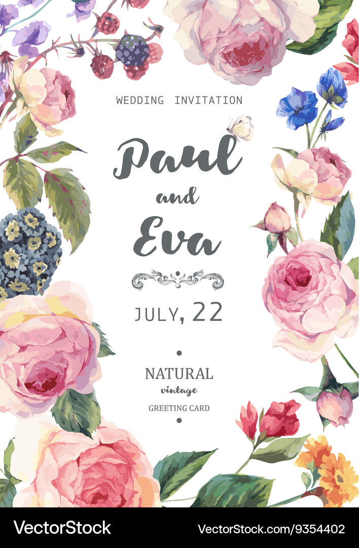 Vintage floral roses wedding invitation Royalty Free Vector