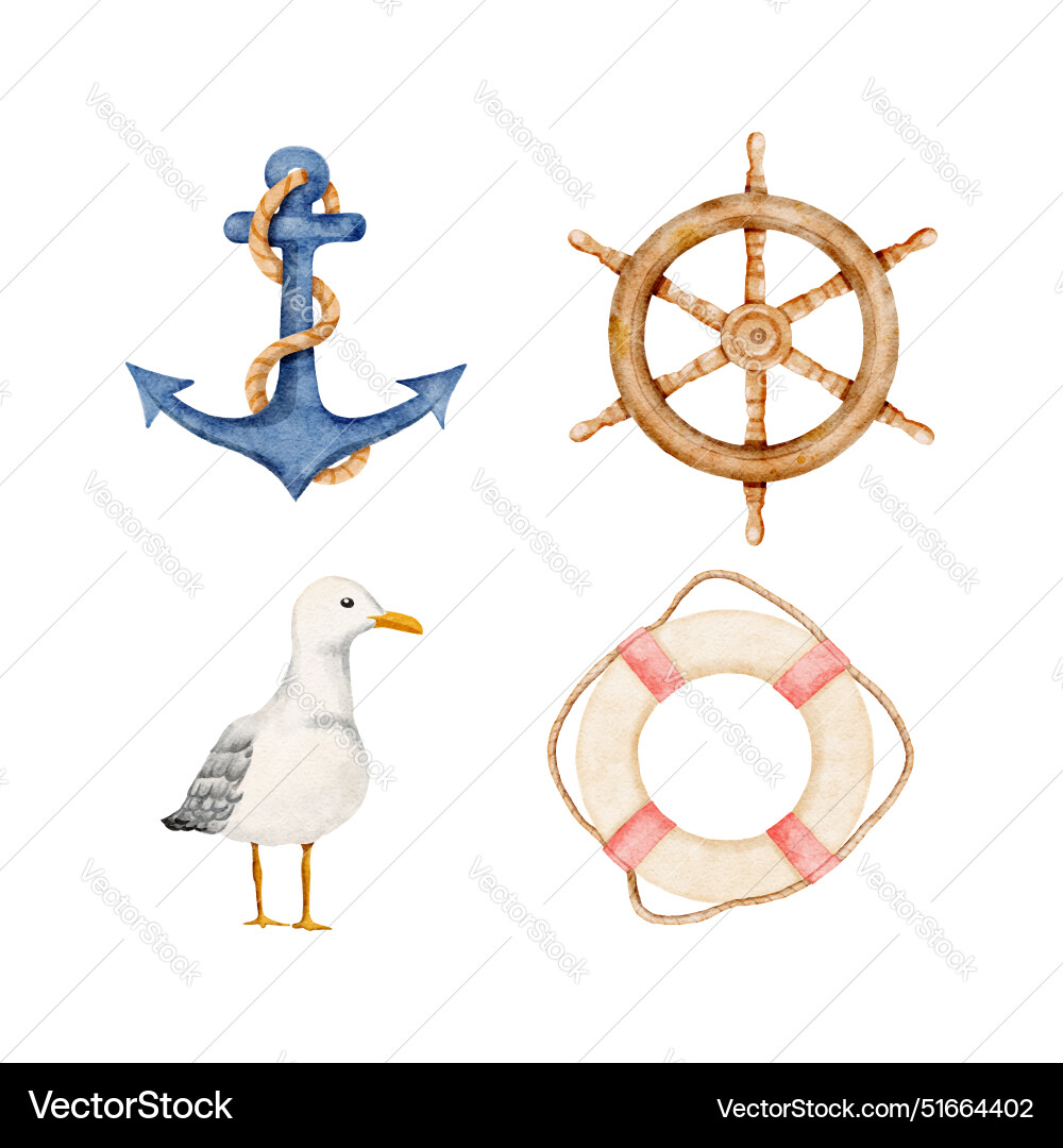 Watercolor nautical elements rigging symbols life Vector Image