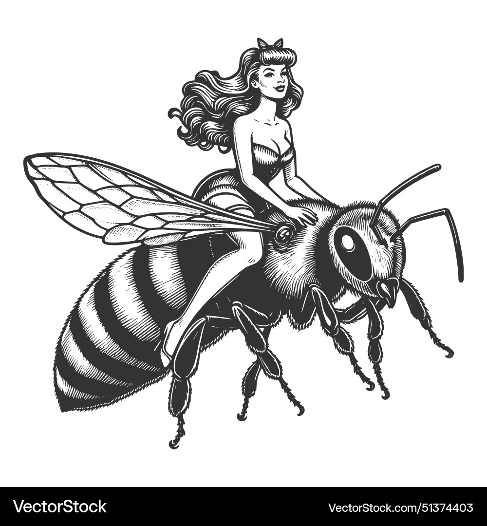 Fairy riding a honeybee engraving Royalty Free Vector Image