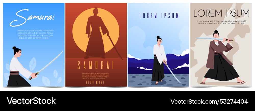 Samurai warrior with sword posters set Royalty Free Vector