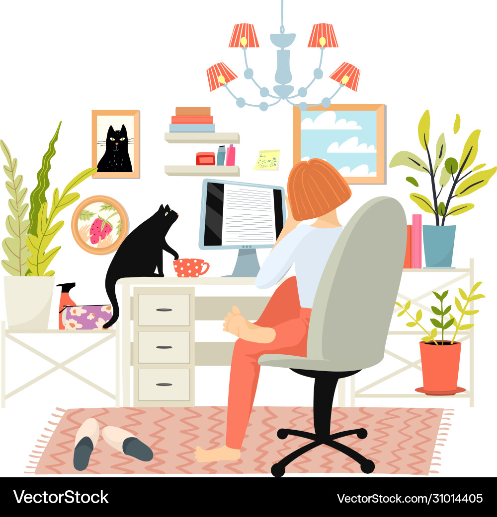 Woman Working From Home with Cat Royalty Free Vector Image
