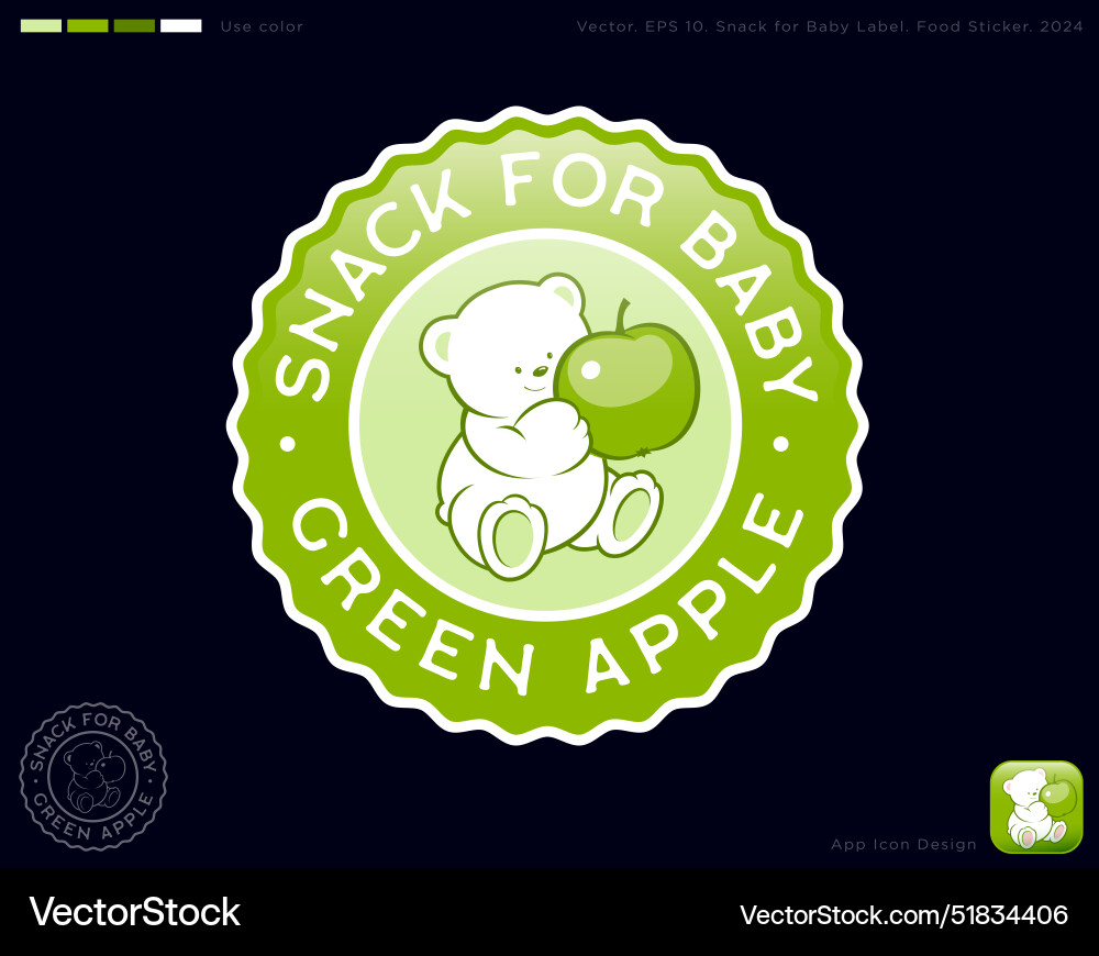 Label baby snack green apple bear Royalty Free Vector Image