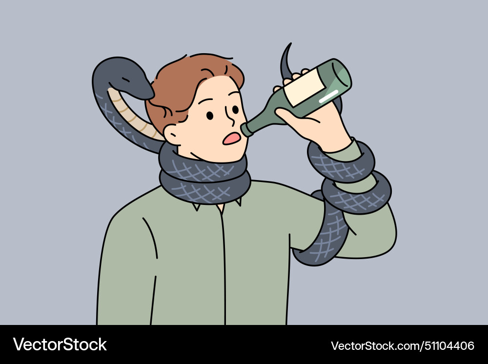 Man drinks beer standing with snake around neck Vector Image