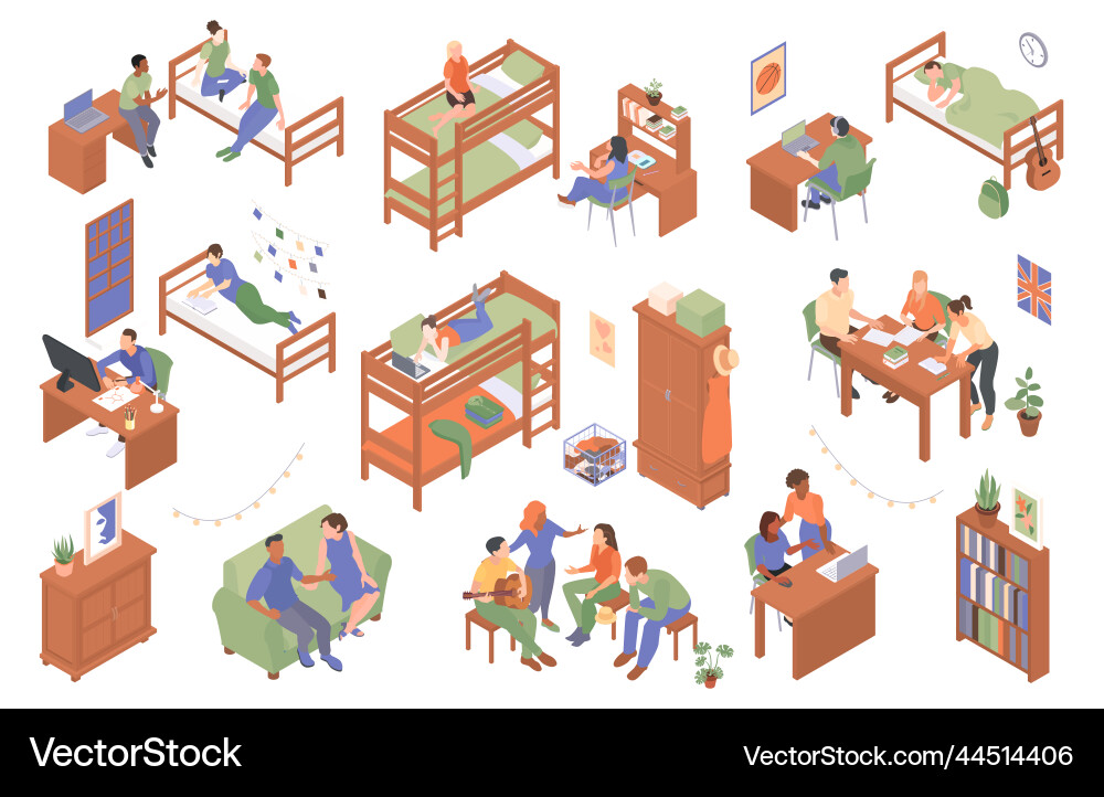 Student dormitory room isometric set Royalty Free Vector