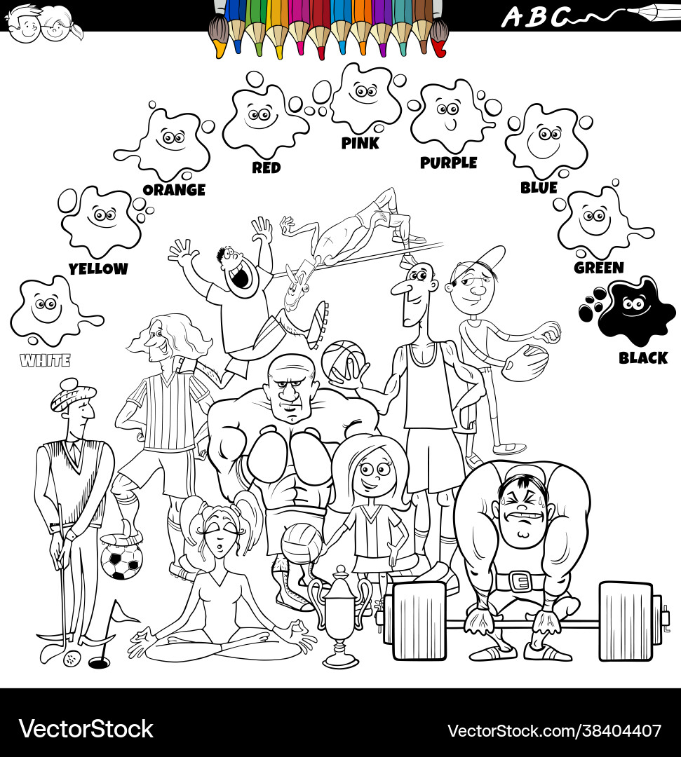 Basic colors color book with group athletes Vector Image