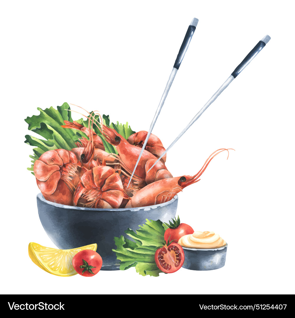 Boiled shrimp in a ceramic bowl with lettuce Vector Image