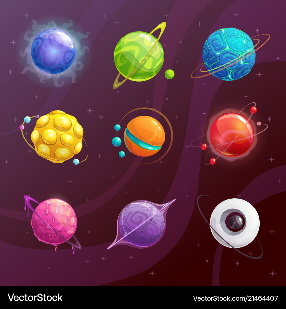 Cartoon colorful fantasy planets set Royalty Free Vector