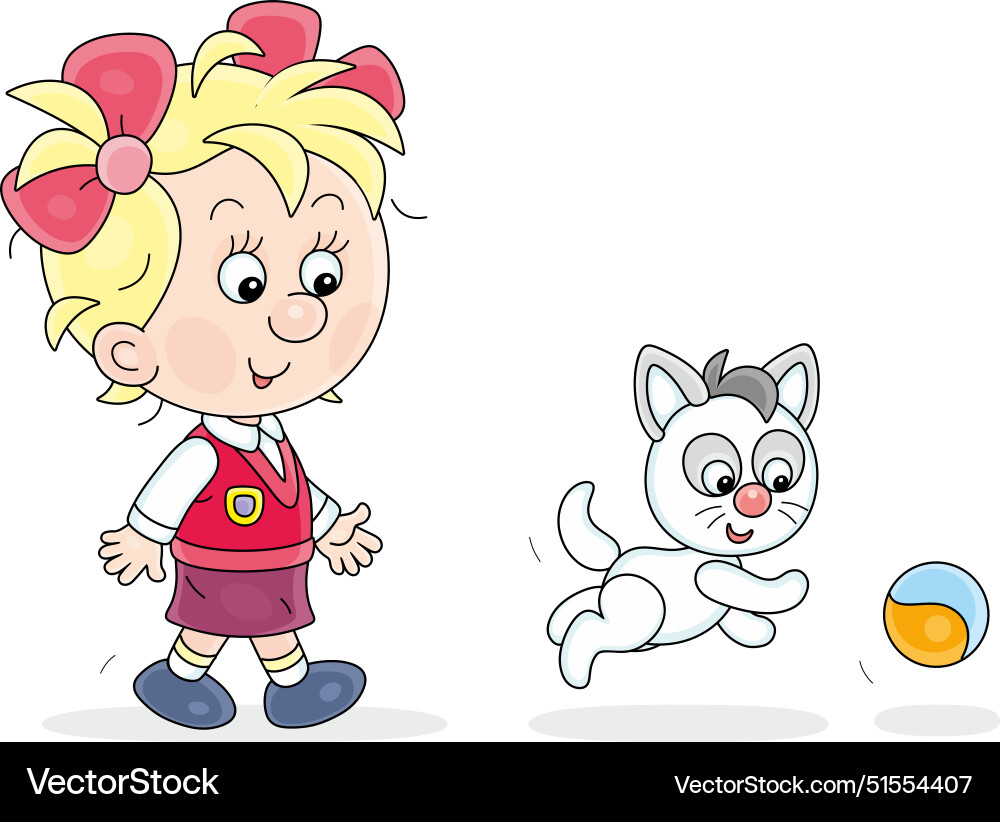 Little girl walking with a kitten Royalty Free Vector Image