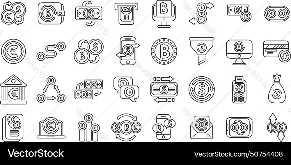 Currency conversion icons set outline Royalty Free Vector