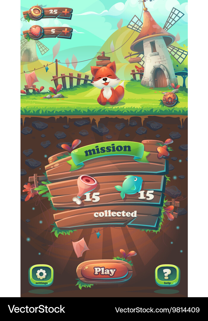 Feed the fox gui mission collected window Vector Image