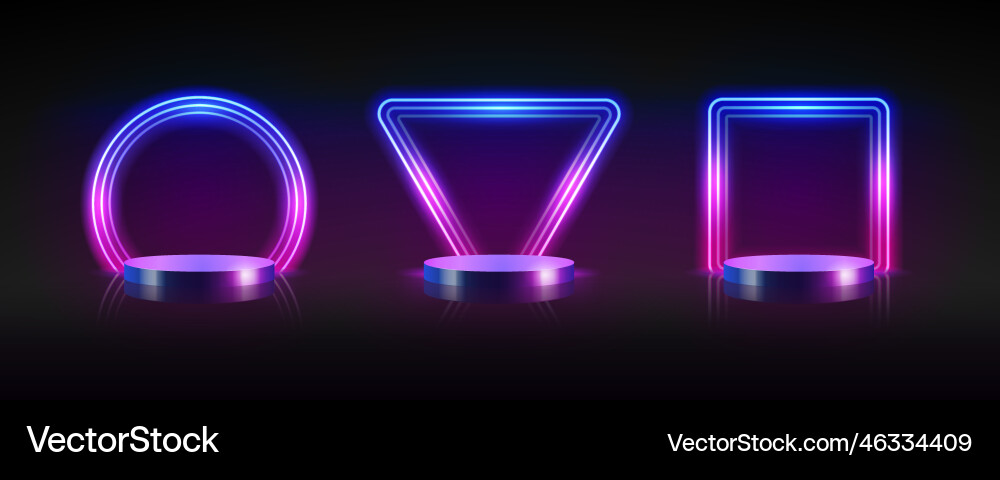 Three cylinder podiums with neon frames Royalty Free Vector