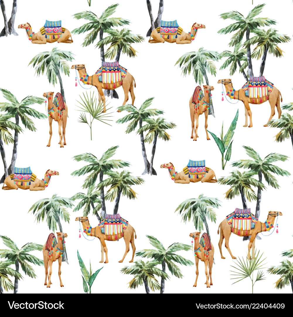 Watercolor camel and palm pattern Royalty Free Vector Image