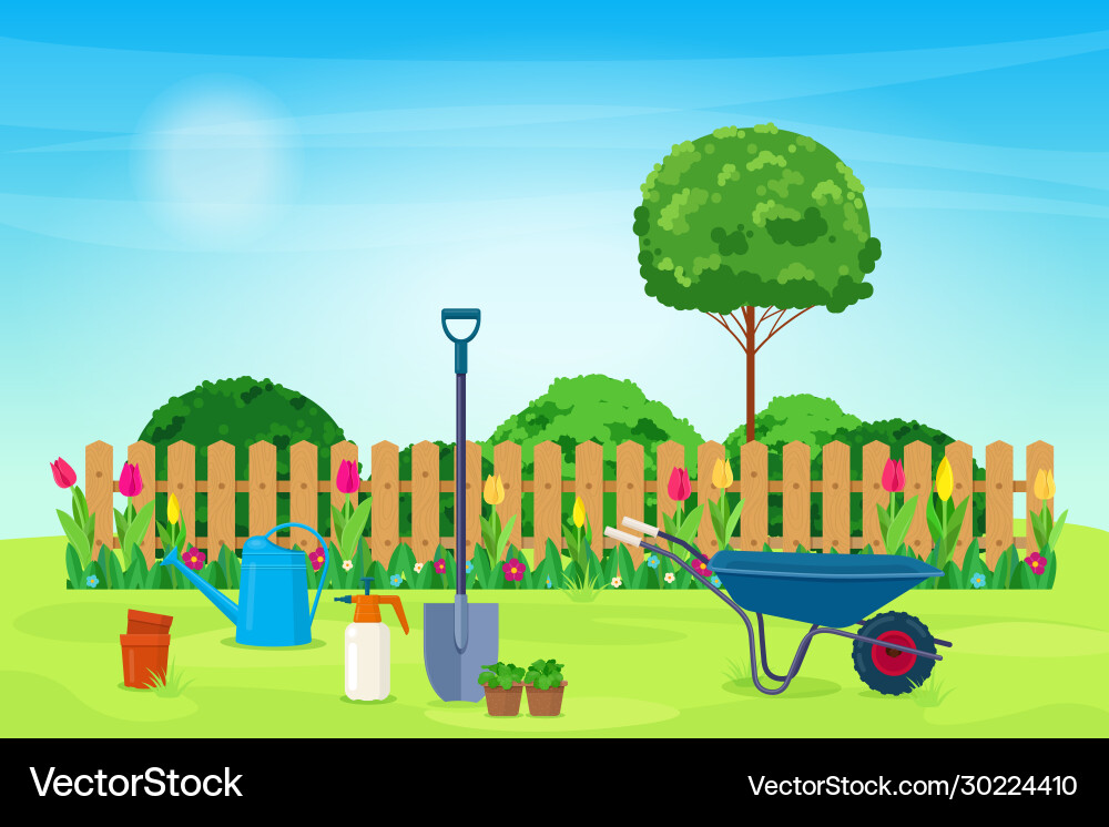 Garden landscape with plants and tools Royalty Free Vector