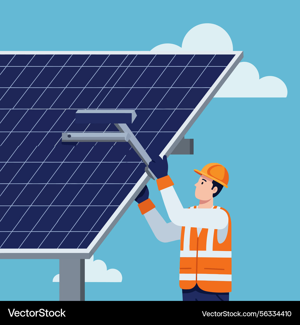 Solar Panel Cleaning - Worker with Squeegee Vector Image