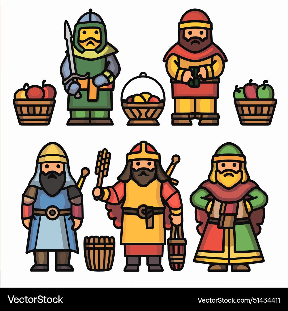 Six medieval characters stylized Royalty Free Vector Image