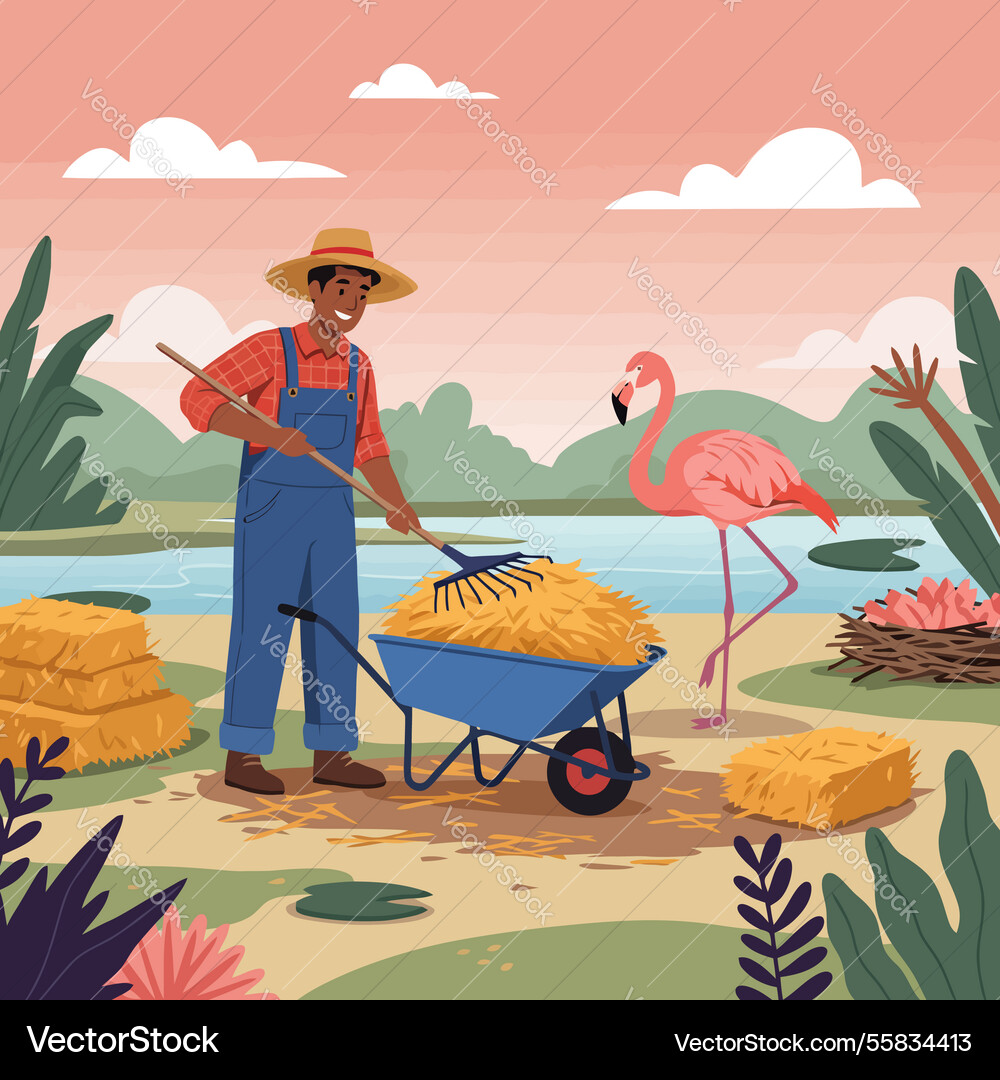 Farmer raking hay into wheelbarrow beside Vector Image