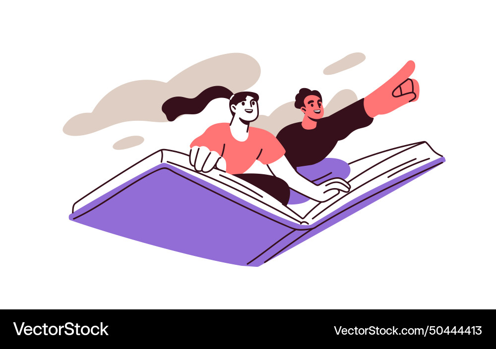 Happy characters flying on fantasy book Royalty Free Vector