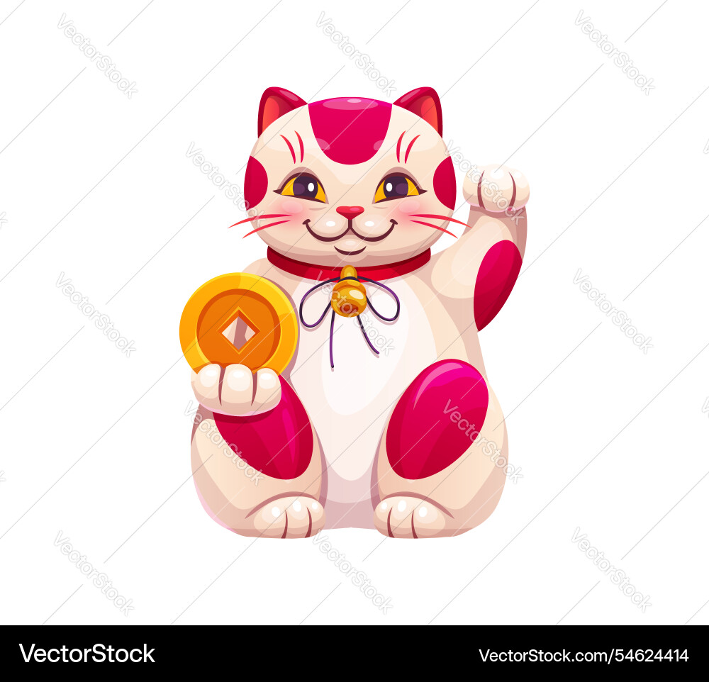 Cartoon japanese maneki neko cat holding gold coin
