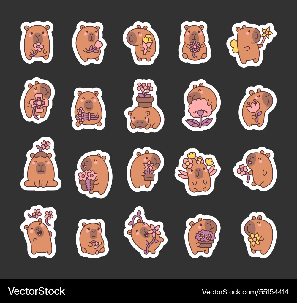 Charming capybara and flower set with adorable Vector Image