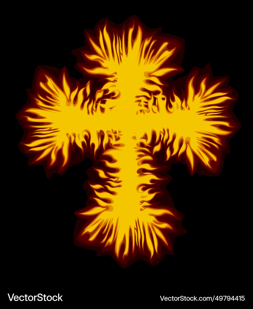 Flaming yellow cross on black background Vector Image