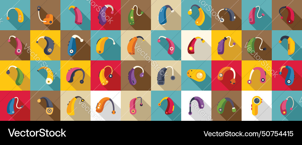 Hearing aid icons set flat volume loud ear Vector Image