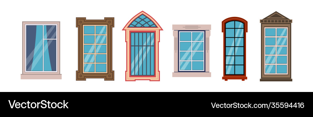 Cartoon windows frames colorful various wooden Vector Image