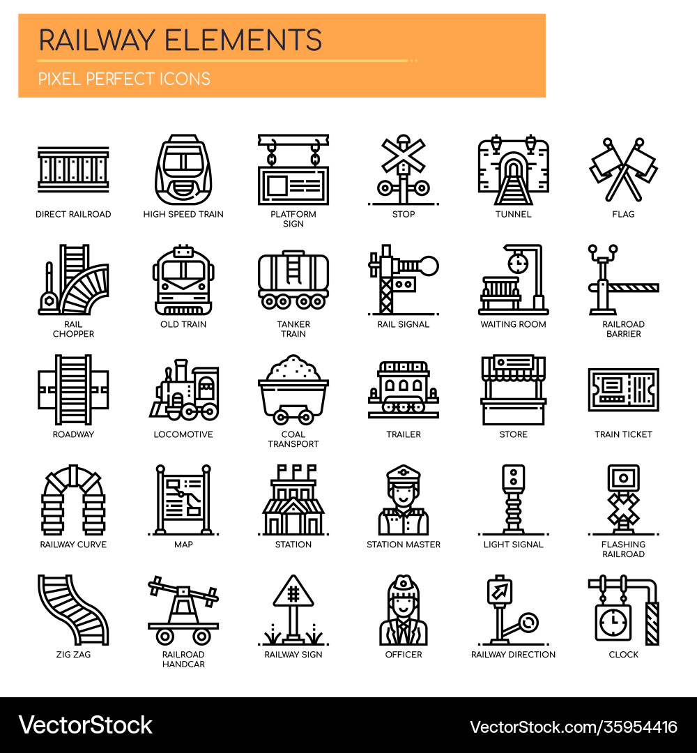 Railway elements thin line and pixel perfect Vector Image
