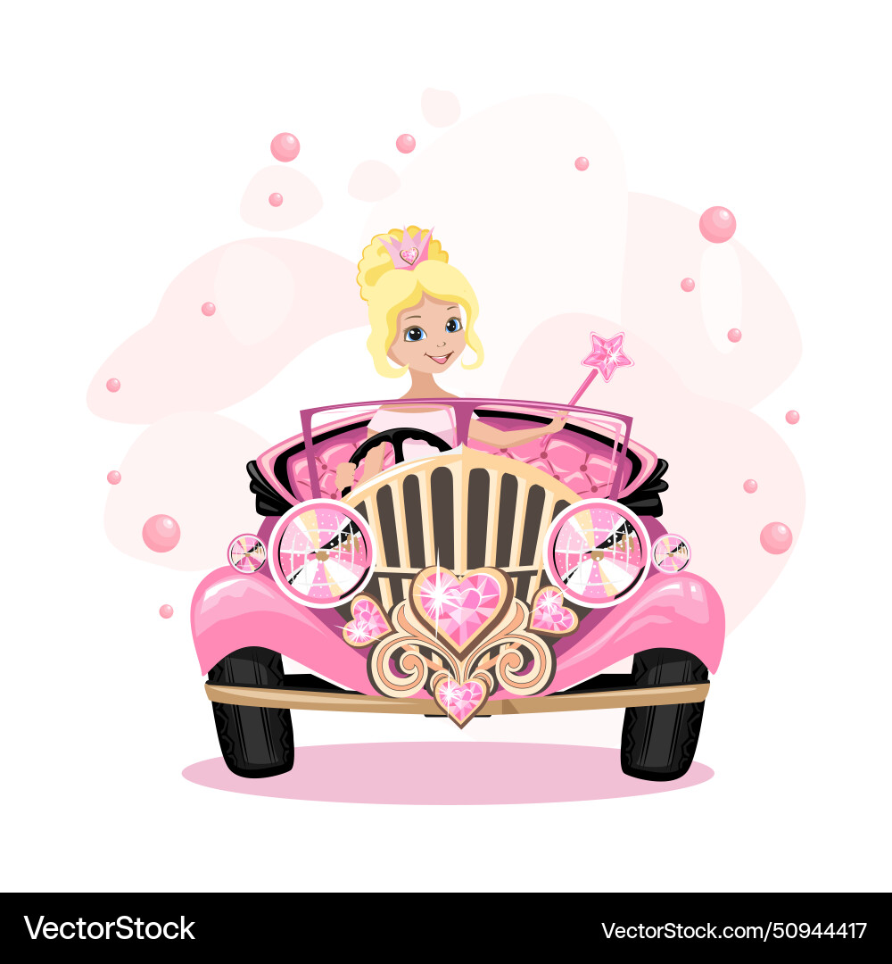 Beautiful princess driving a pink car Royalty Free Vector