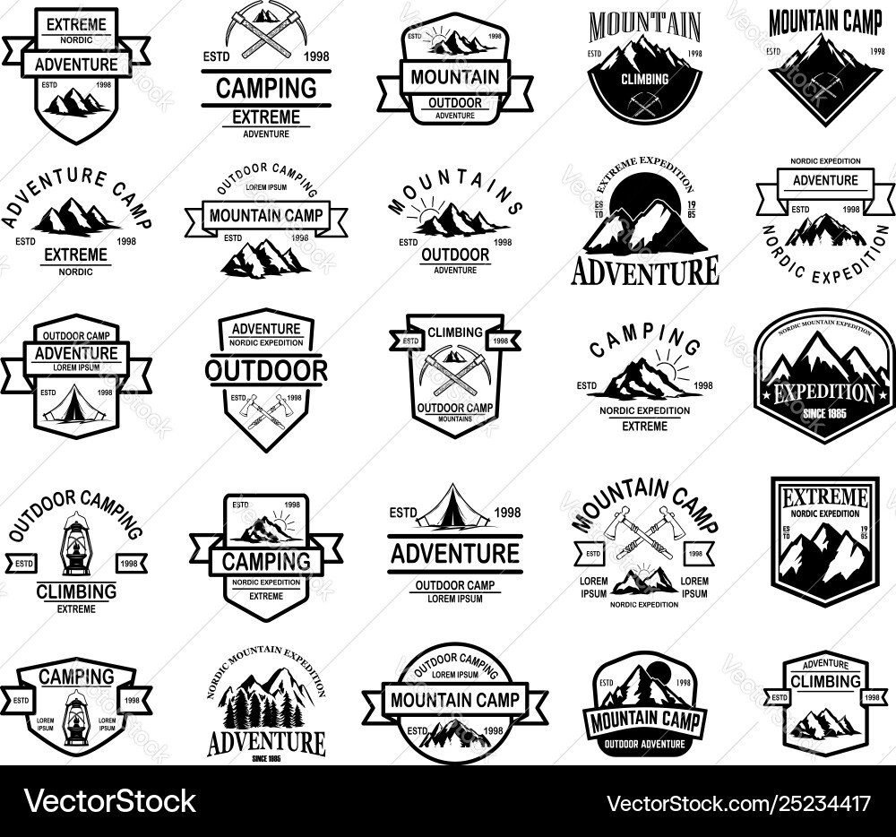Big set mountain camp outdoor adventure Royalty Free Vector
