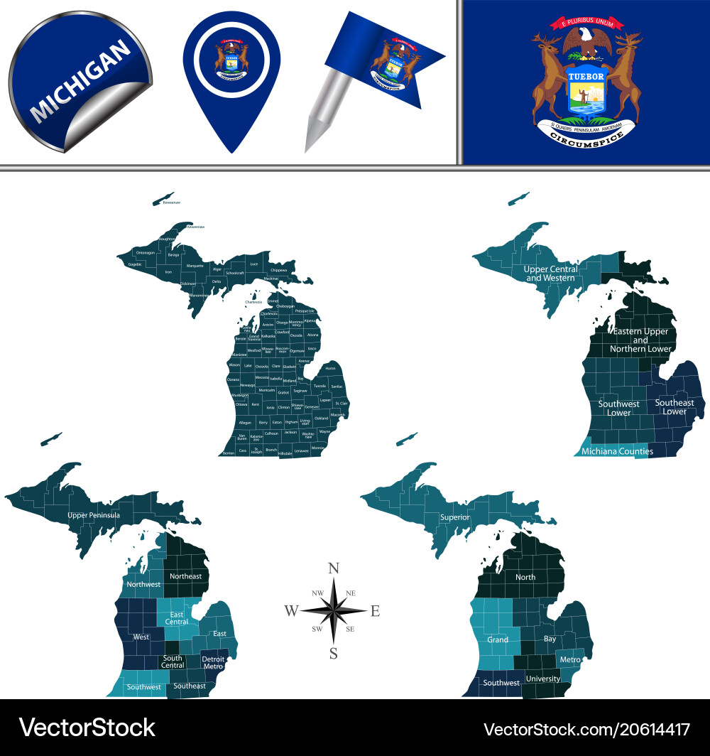 Map of michigan with regions Royalty Free Vector Image