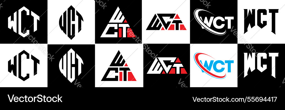 Wct letter logo design in six style wct polygon Vector Image